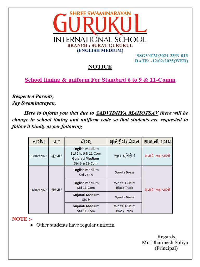 School Timing and Uniform Notice | PDF