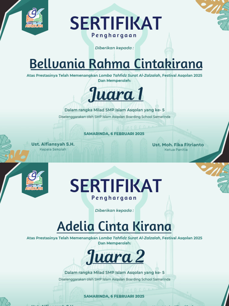 Hijau Ilustrasi Piagam Penghargaan Lomba Hari Santri Nasional ...