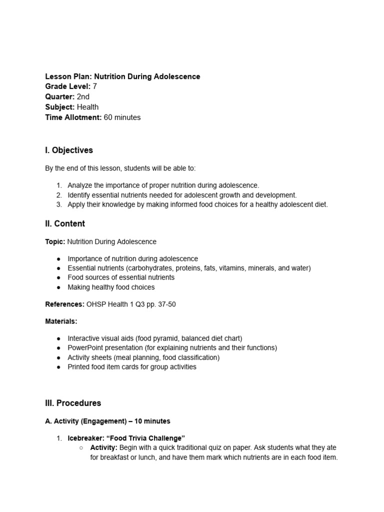 Nutrition Lesson Plan for Adolescents | PDF | Nutrition | Diet & Nutrition