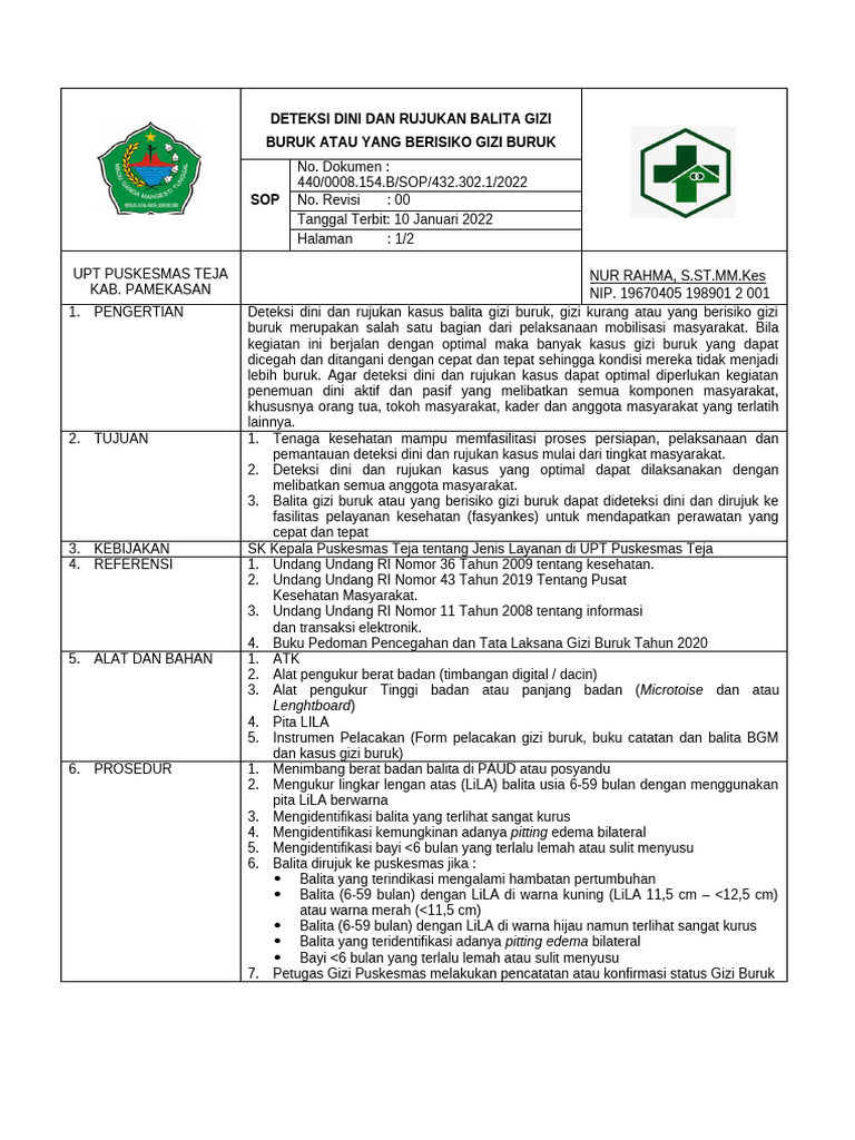 SOP DETEKSI DINI DAN RUJUKAN BALITA GIZI BURUK ATAU YANG BERISIKO GIZI BURUK | PDF