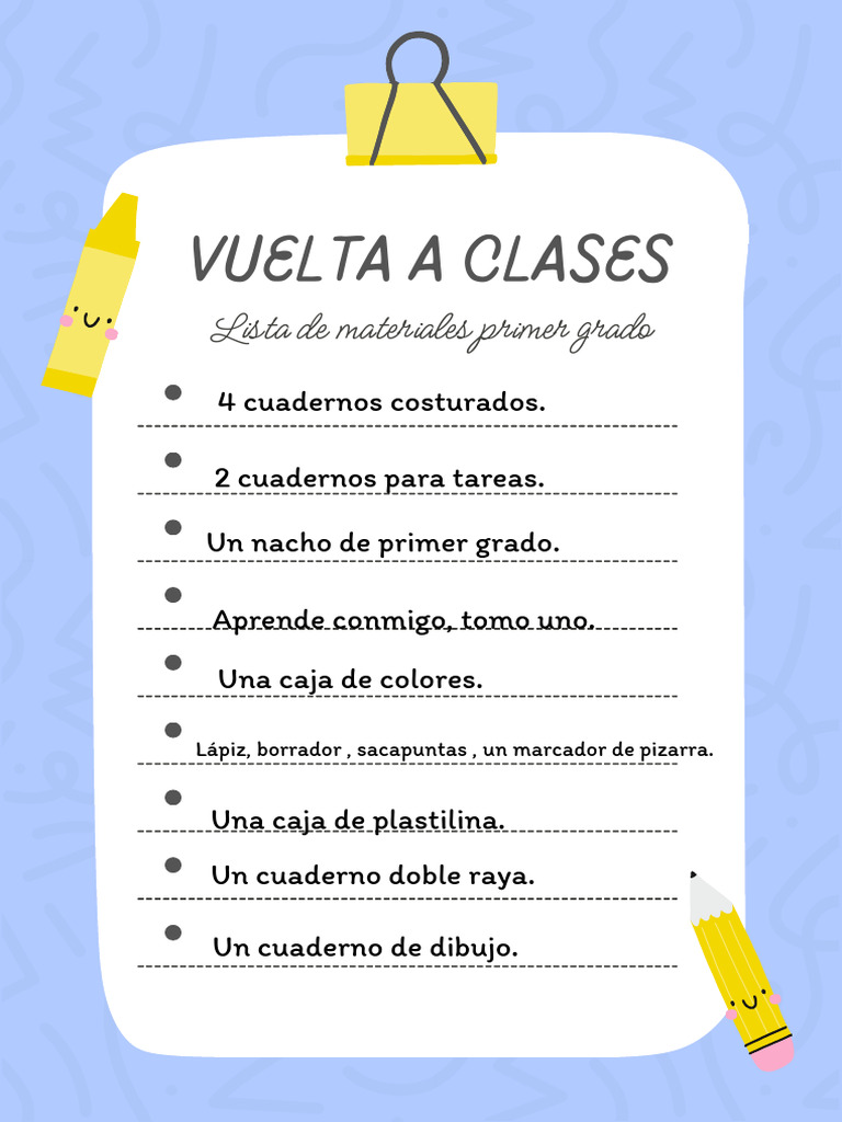 Documento Checklist Lista de Materiales Vuelta Al Cole Infantil Minimalista Celeste y Amarillo ...
