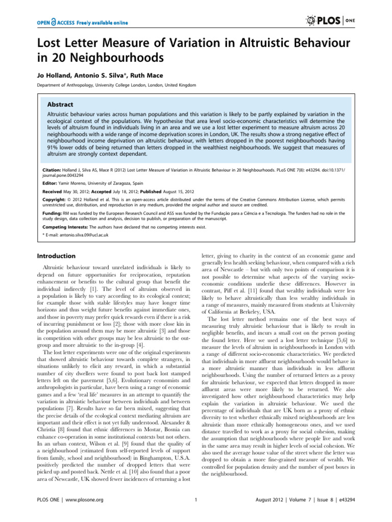 Lost Letter Measure of Variation in Altruistic Behaviour in 20 ...