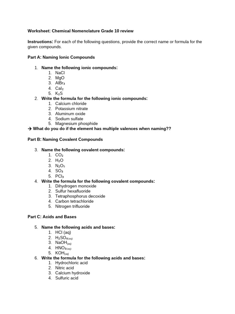 Chemical Nomenclature Review Worksheet | PDF