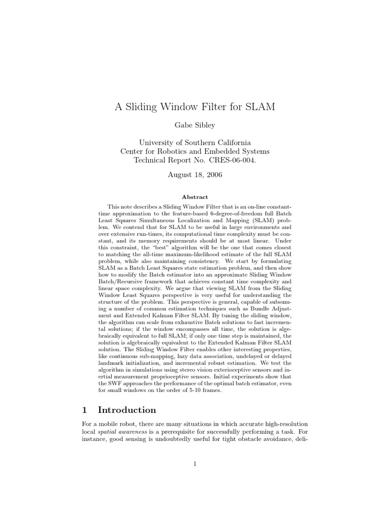 A Sliding Window Filter For SLAM | PDF | Kalman Filter | Estimator