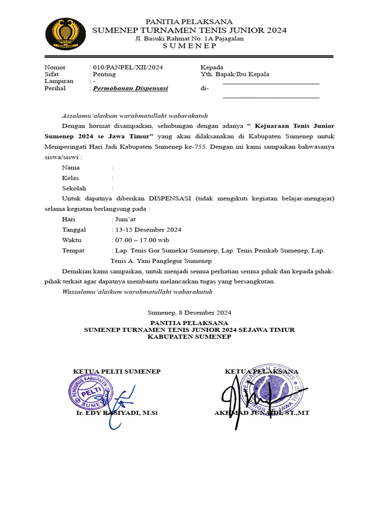 Surat Dispensasi Atlet | PDF