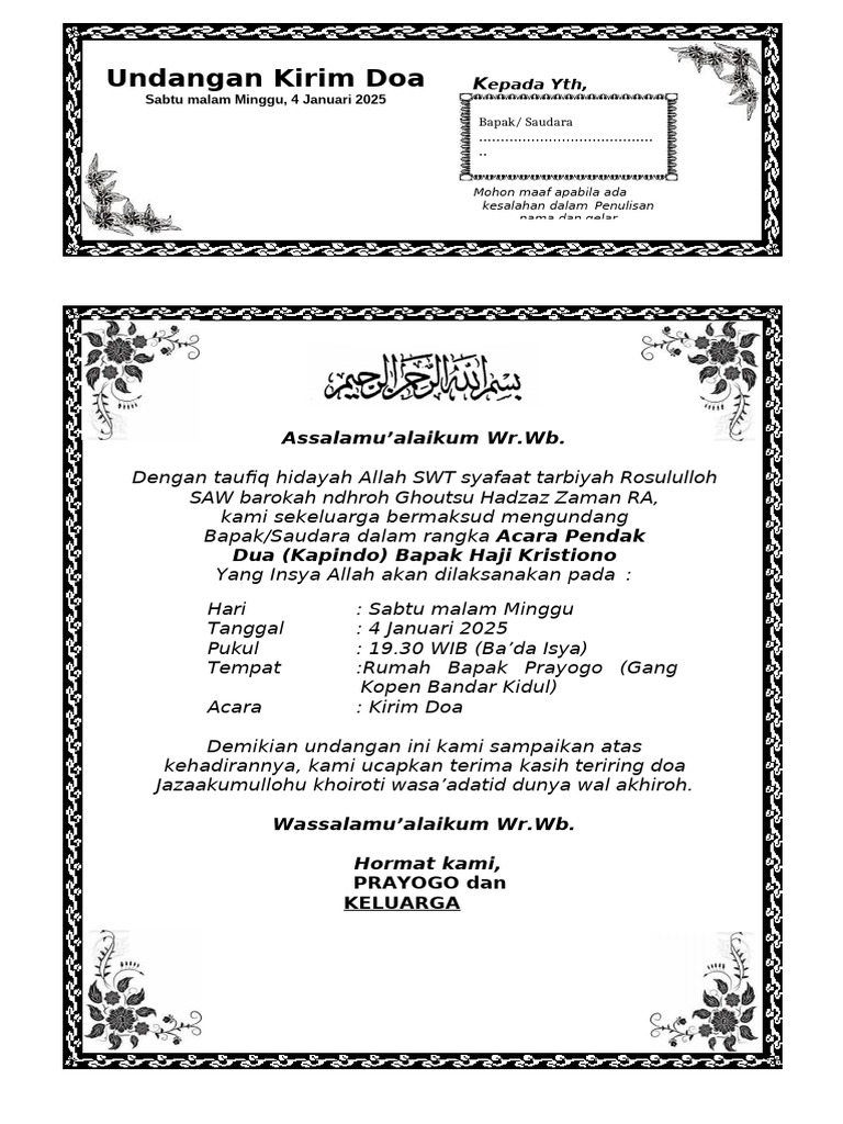 Undangan Tahlil Keluarga Prayogo | PDF