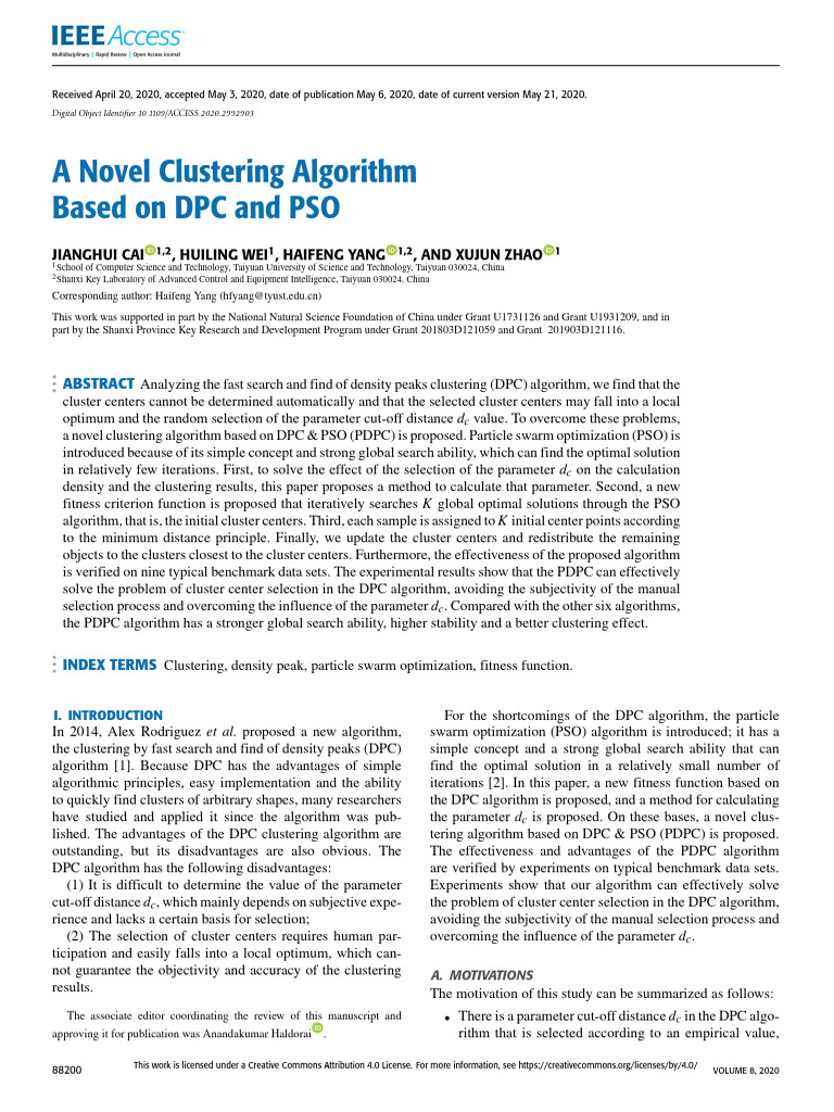 A Novel Clustering Algorithm Based On DPC and PSO | PDF | Cluster Analysis | Mathematical ...
