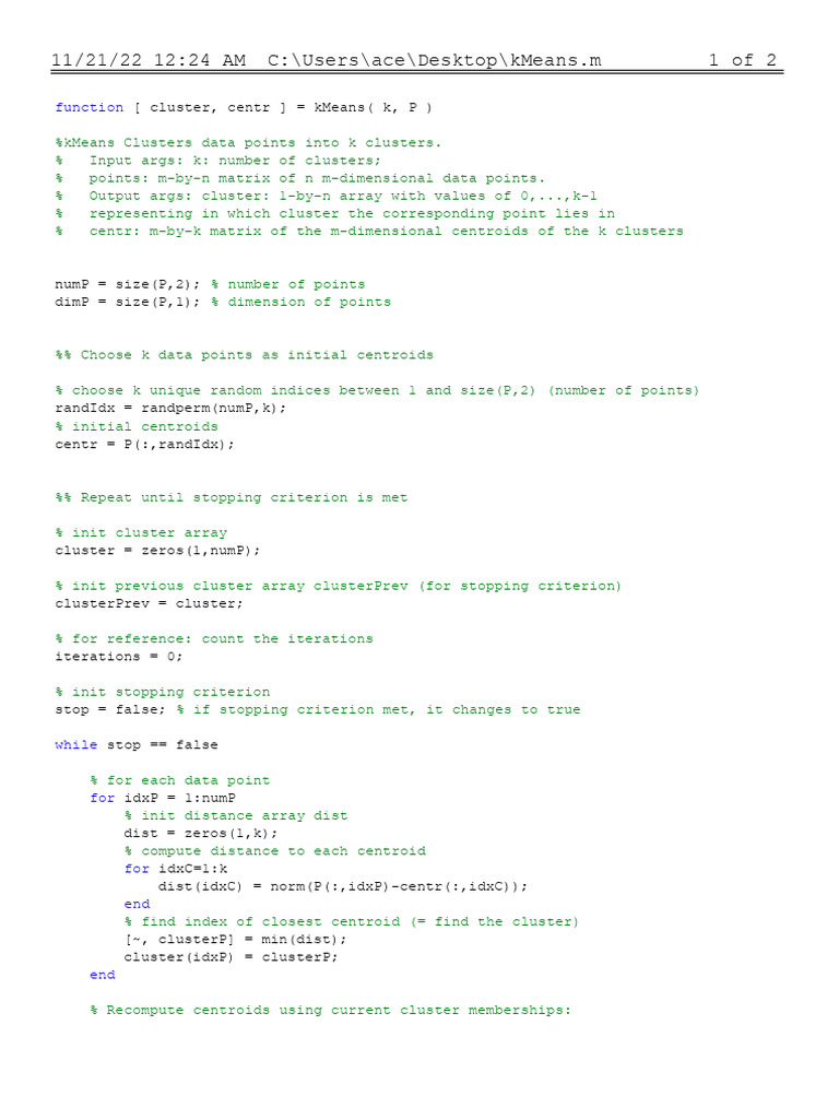 kMeans Clustering Algorithm in MATLAB | PDF