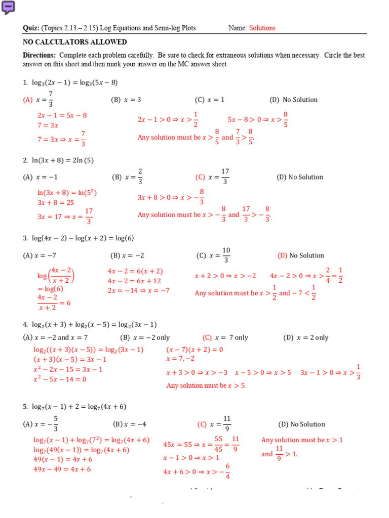 Quiz on lessons 2.13 to 2.15 | PDF | Logarithm | Arithmetic
