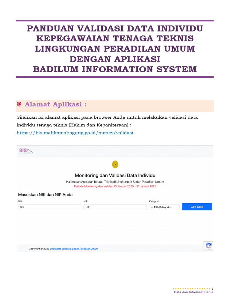 PANDUAN VALIDASI DATA INDIVIDU KEPEGAWAIAN TENAGA TEKNIS LINGKUNGAN PERADILAN UMUM | PDF