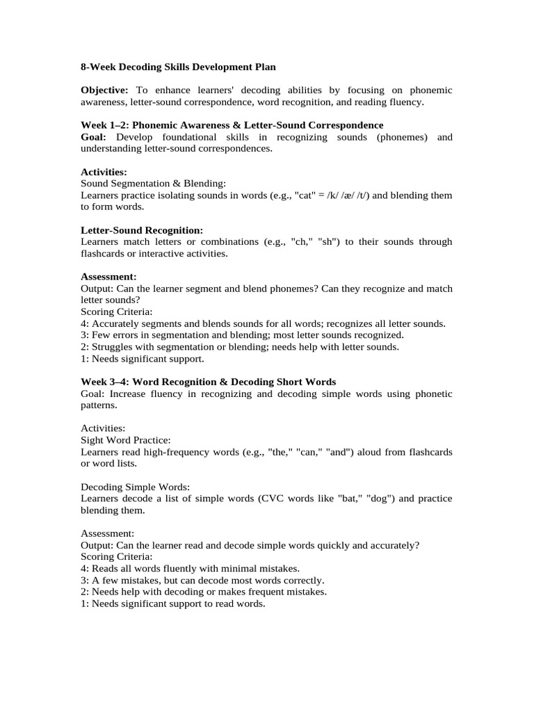 Decoding Skills Development Plan Pdf Reading Comprehension Fluency 5222