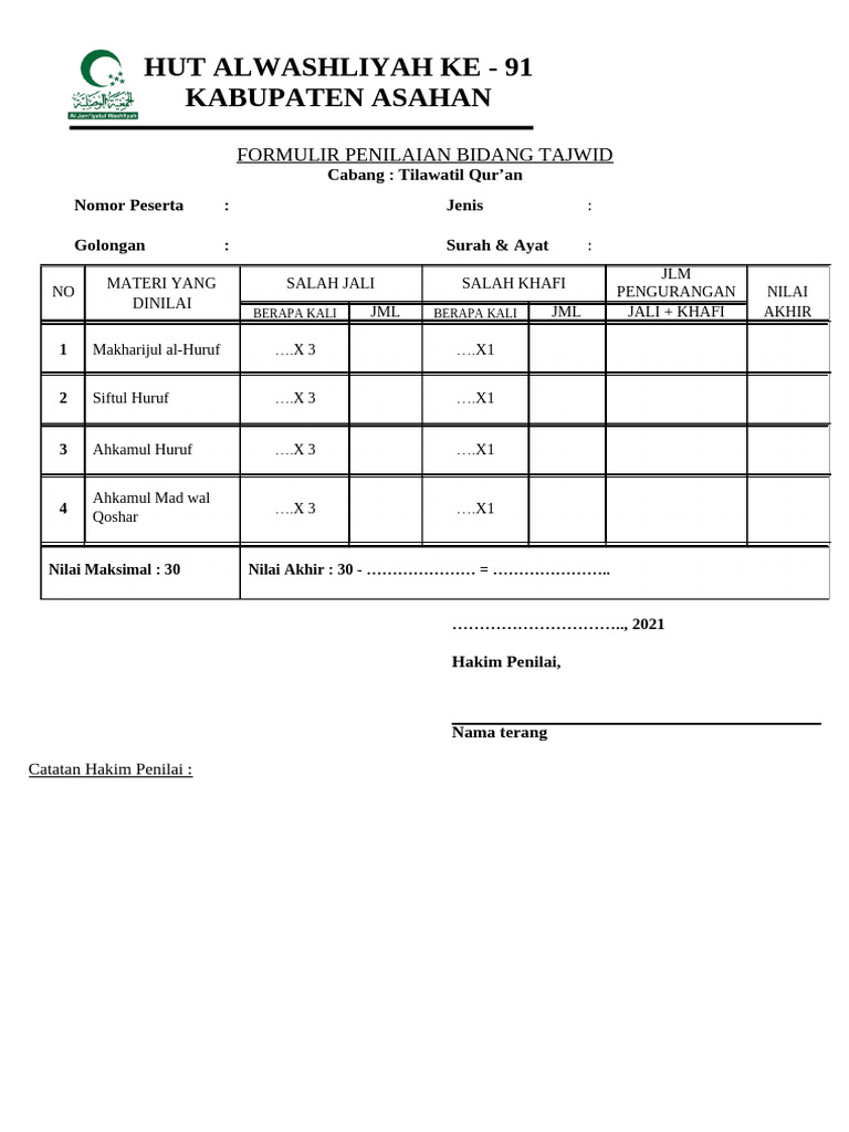 Blanko Penilaian Dewan Hakim MTQ | PDF
