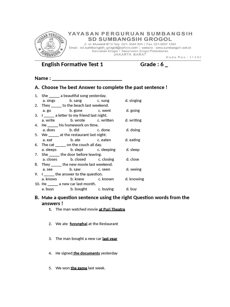 Grade 6 English Formative Test Pdf