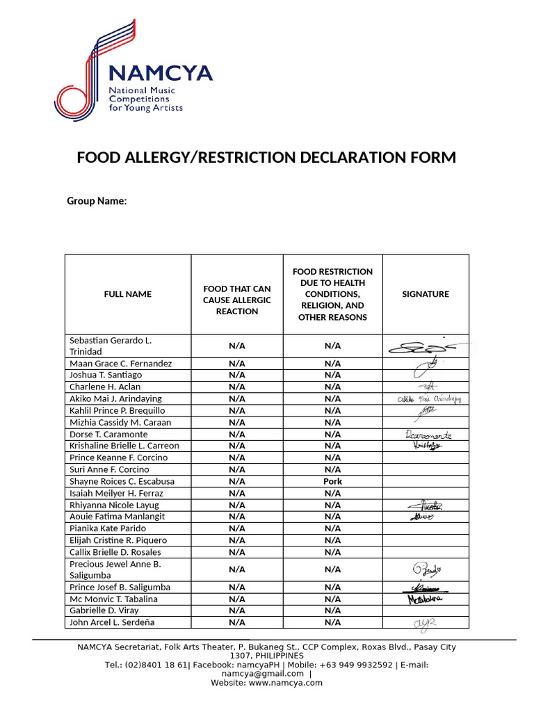 Food Allergy and Restriction Declaration Form | PDF