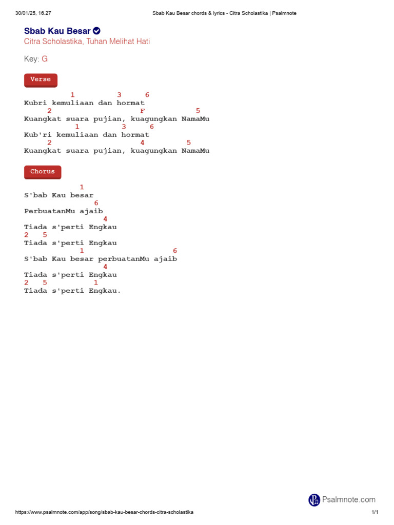 Sbab Kau Besar Chords & Lyrics - Citra Scholastika - Psalmnote | PDF