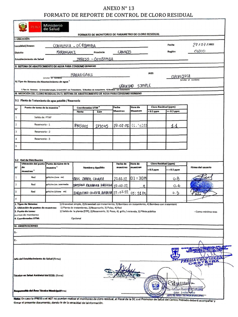 Monitoreo de Cloro Residual CCACHUYUCA | PDF