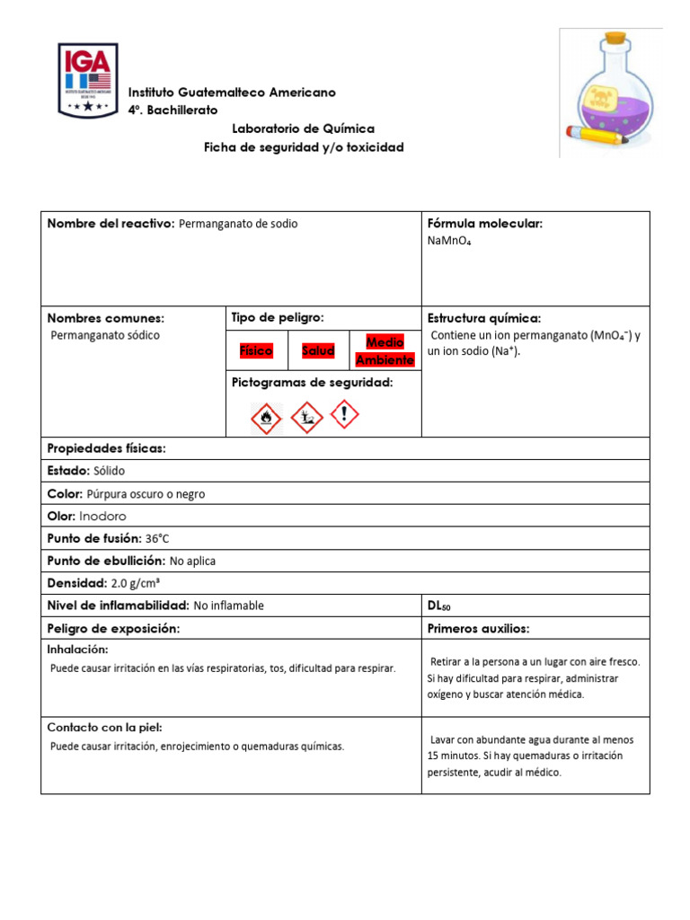 Ficha de Seguridad Laboratorios Permanganato de Sodio | PDF | Agua | Quemar