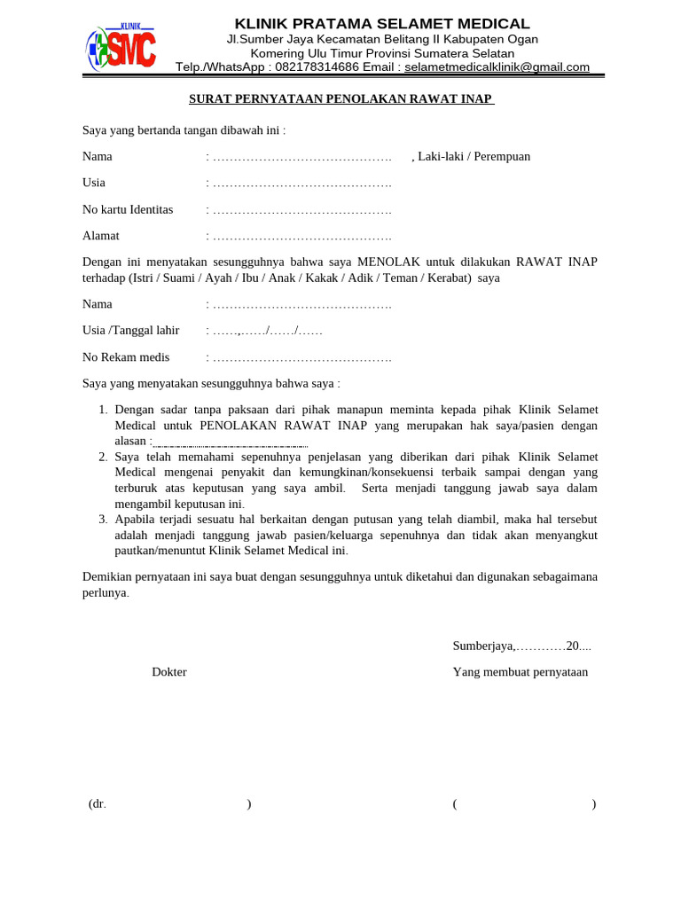Pernyataan Penolakan Rawat Inap | PDF