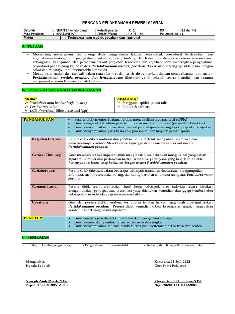 RPP MTK WAJIB KLS 10 KD 3.2 Fix Ephy | PDF