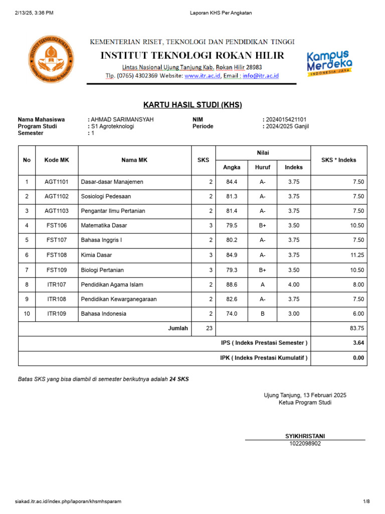 Laporan KHS Angkatan 2024 | PDF