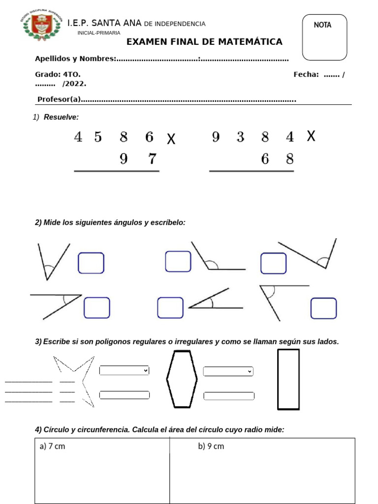 EXAMEN Final DE MATEMATICA 4tofi | PDF
