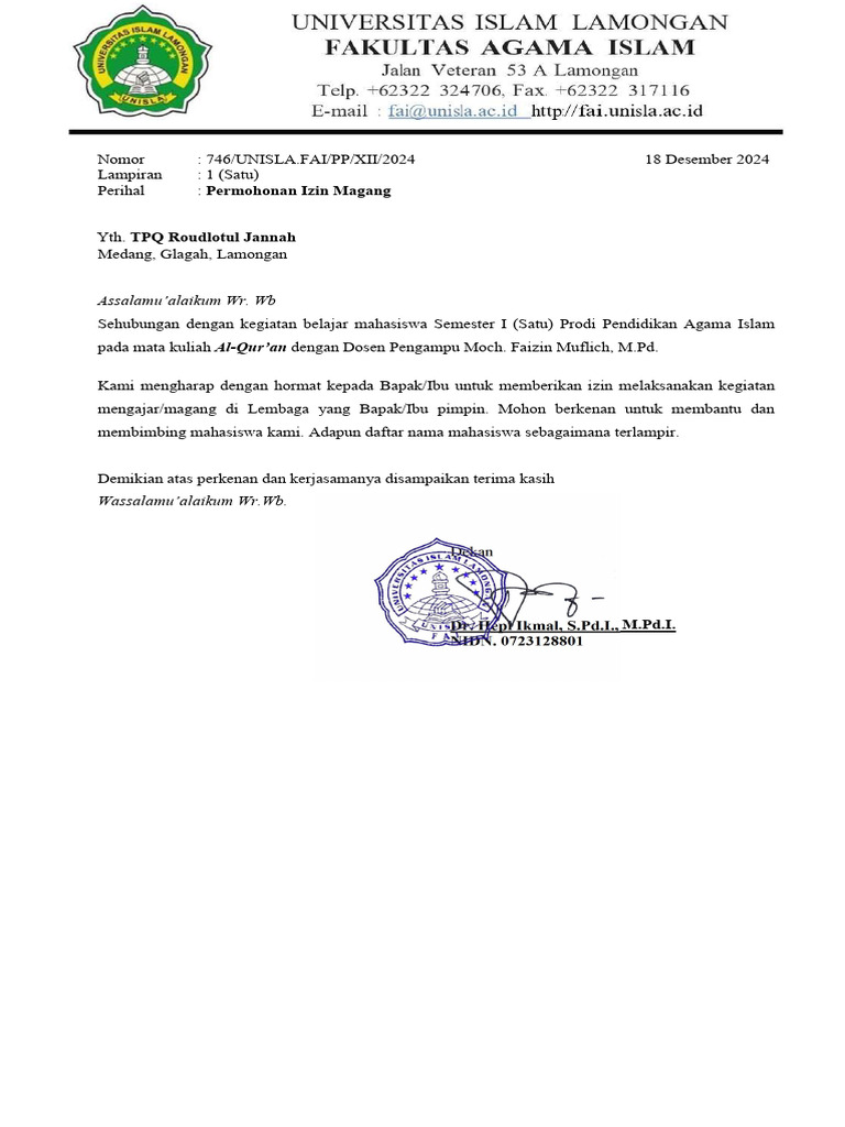 Surat Magang TPQ Roudlatul Jannah | PDF