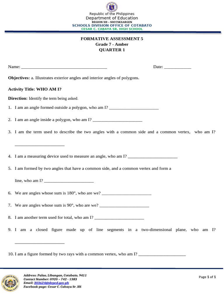 Grade 7 Geometry Formative Assessment | PDF