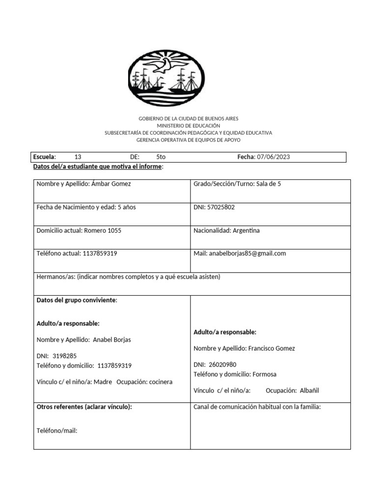 Modelo de Informe Escolar EOE 2023 Ambar Gomez | PDF | Educación de la ...