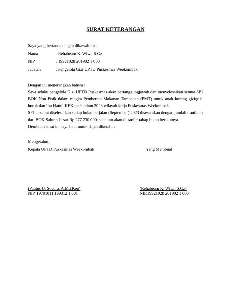 SURAT KETERANGAN SPJ BOK PMT (2) | PDF