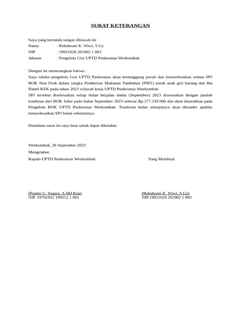 Surat Keterangan SPJ Bok PMT | PDF