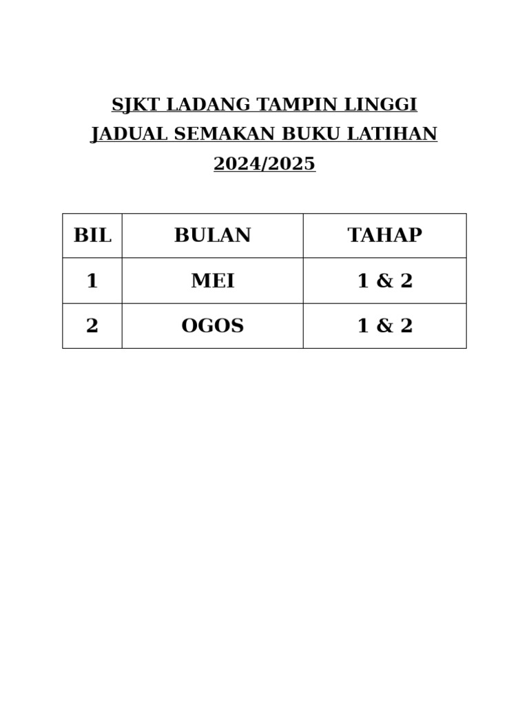 Jadual Semakan Buku Latihan 2024 | PDF
