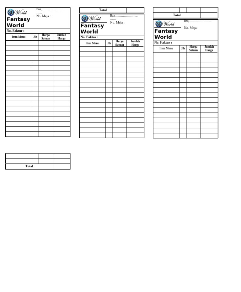 Menu dan Faktur Fantasy World | PDF