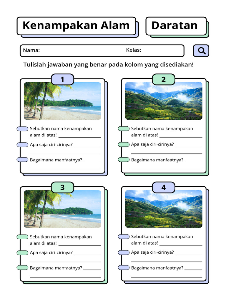Kenampakan Alam Daratan Lembar Kerja Pendidikan Hijau Ungu Garis Pastel ...