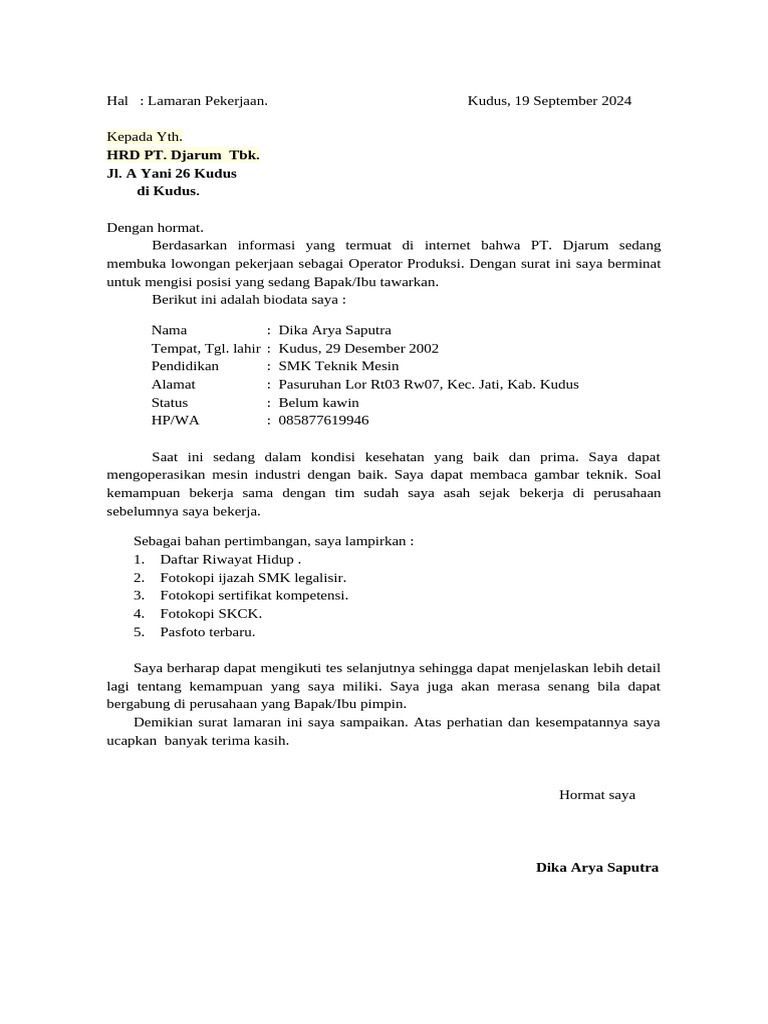 Surat Lamaran Kerja | PDF