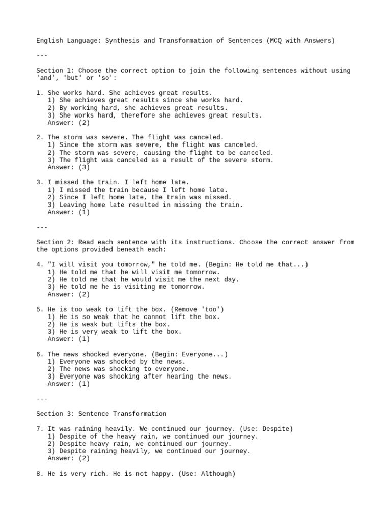 Sentence Synthesis MCQs with Answers | PDF | Multiple Choice