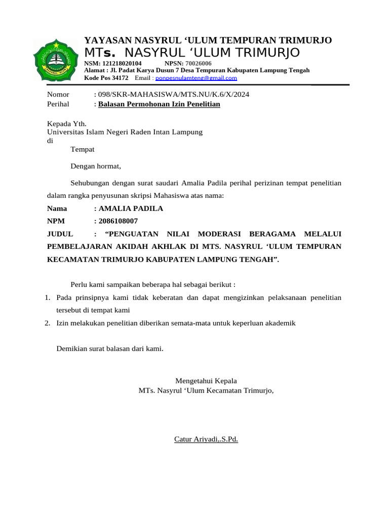 399953235 Surat Balasan Penelitian Dari Sekolah | PDF