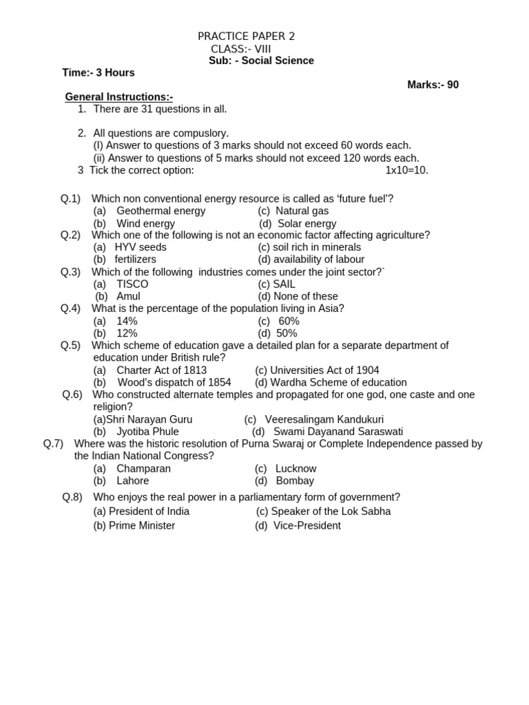 Viii-Practice Paper-Social Science-Set-2 | PDF