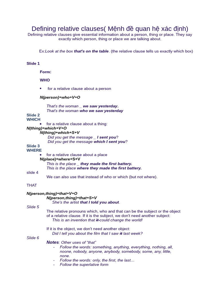 Defining Relative Clauses | PDF | Subject (Grammar) | Language Mechanics