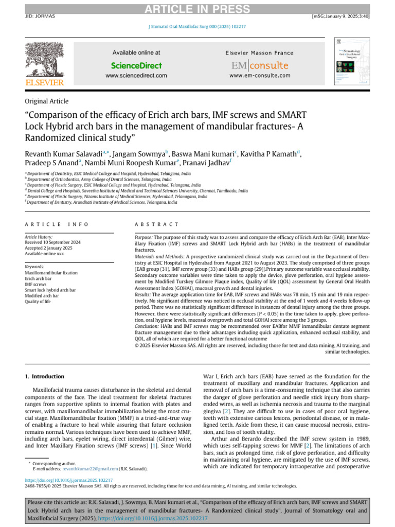 Comparison of The Efficacy of Erich Arch Bars, IMF Screws and SMART ...
