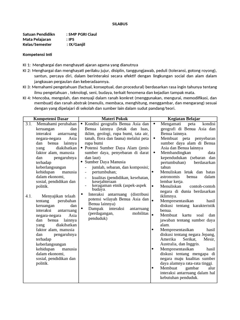 Silabus IPS Kelas IX Semester Ganjil | PDF