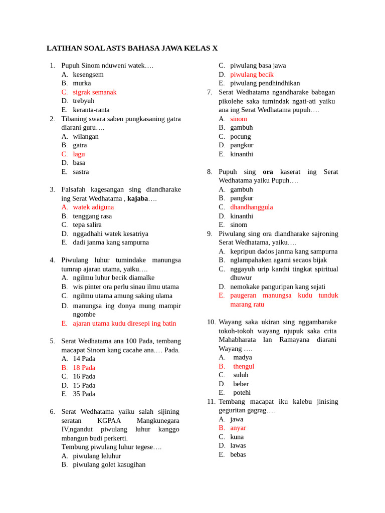 Latihan Soal Asts Bahasa Jawa Kelas X | PDF