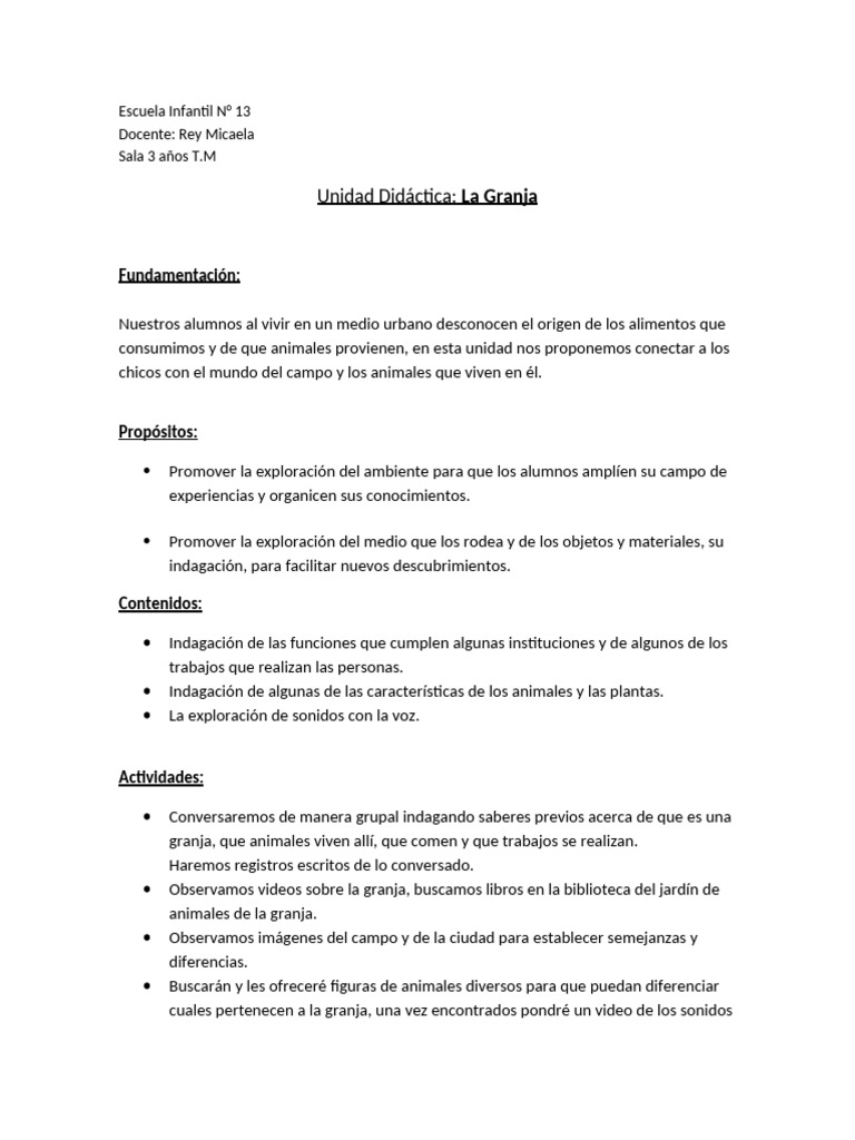 Unidad Didáctica: La Granja Infantil | PDF