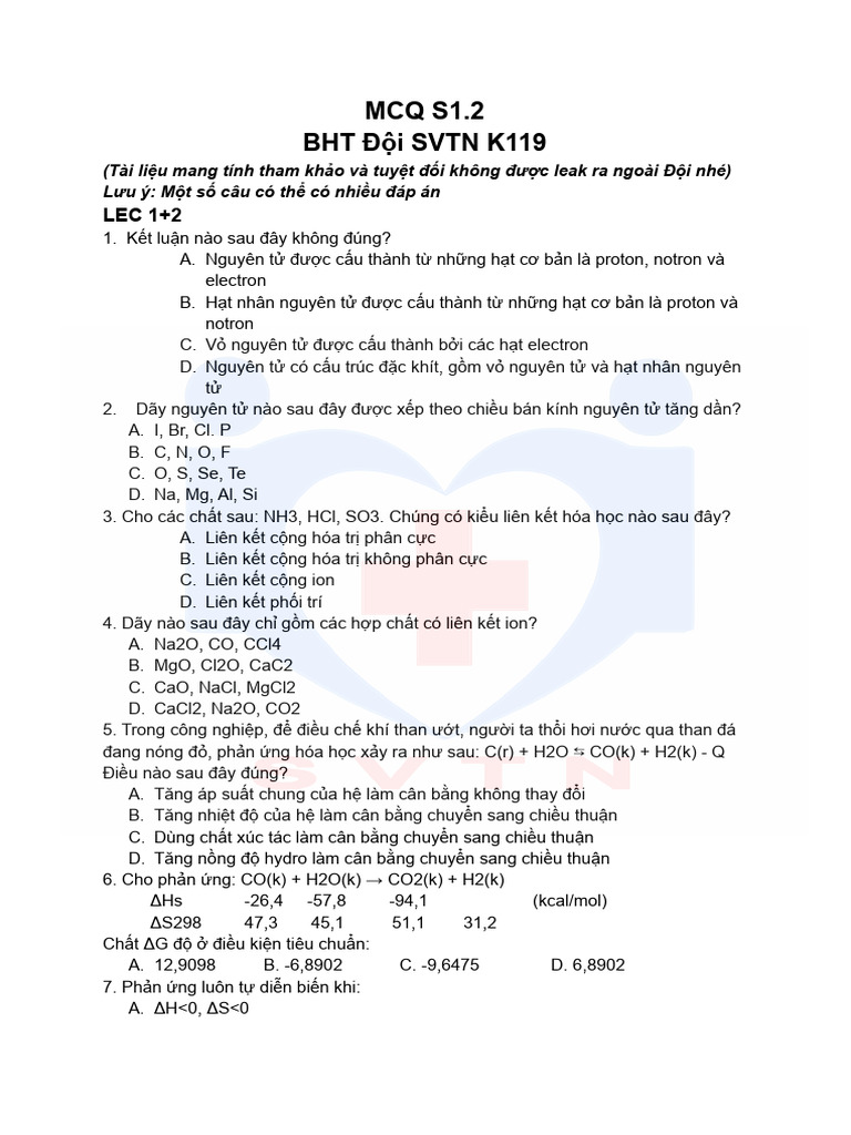 MCQ S1.2 BHT Đ I SVTN | PDF