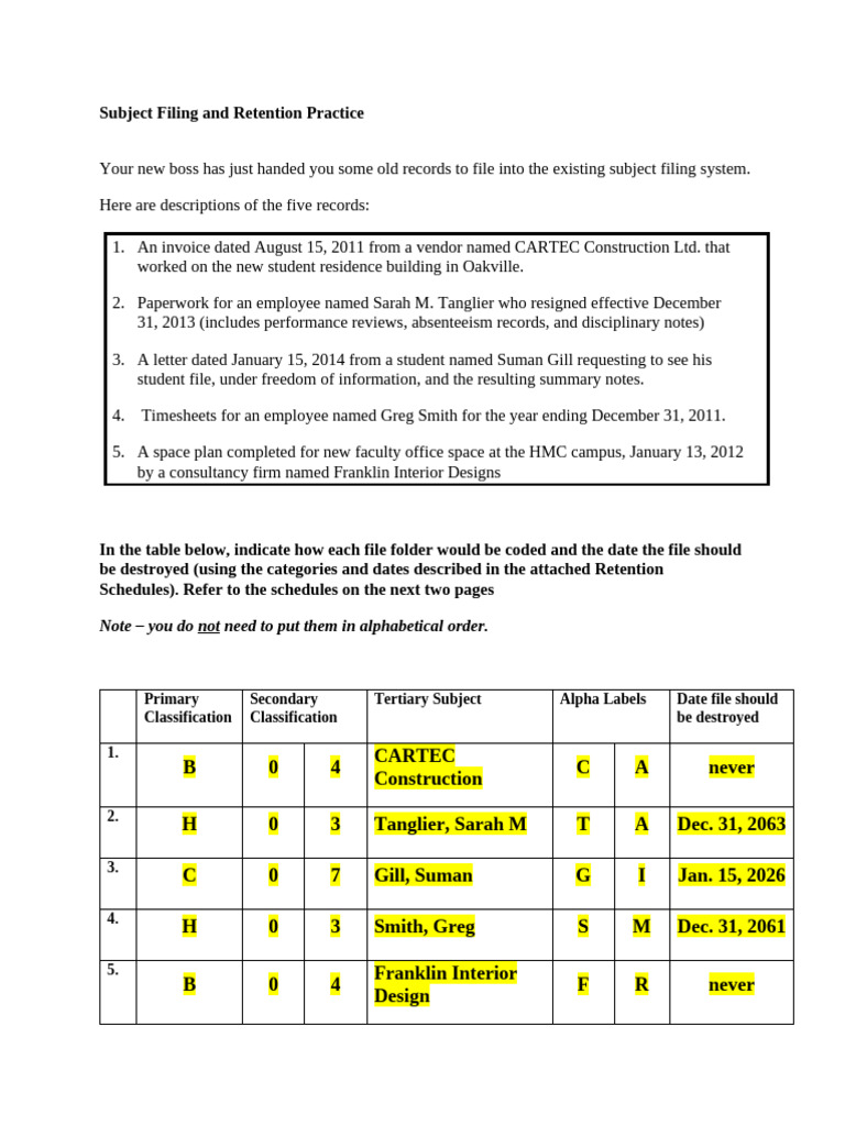 Subject Filing Practice - Answer Key | PDF