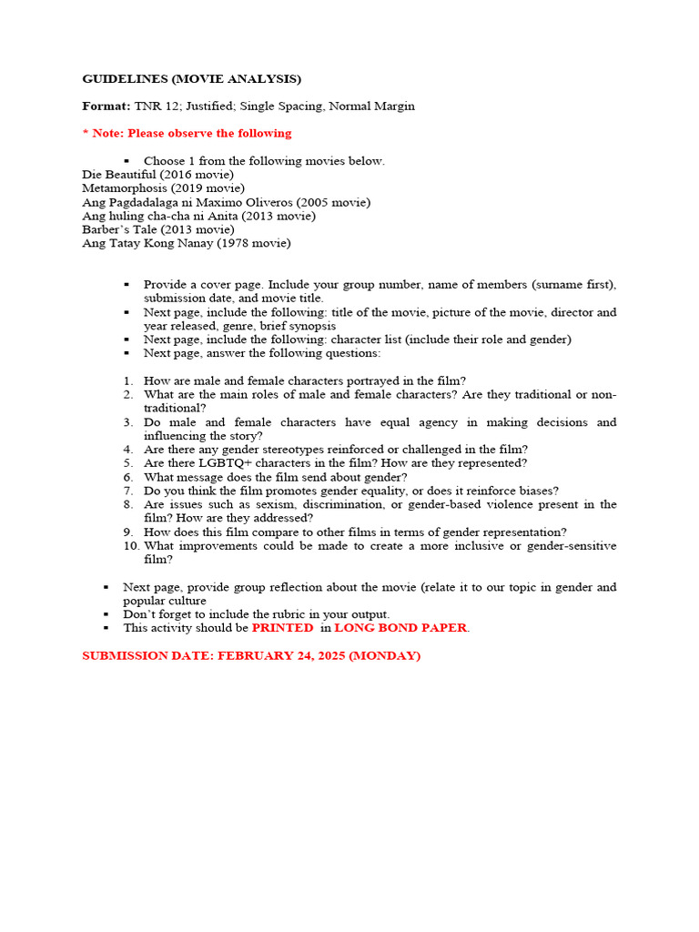 Guidelines and Rubric For Movie Analysis | PDF | Gender Equality ...