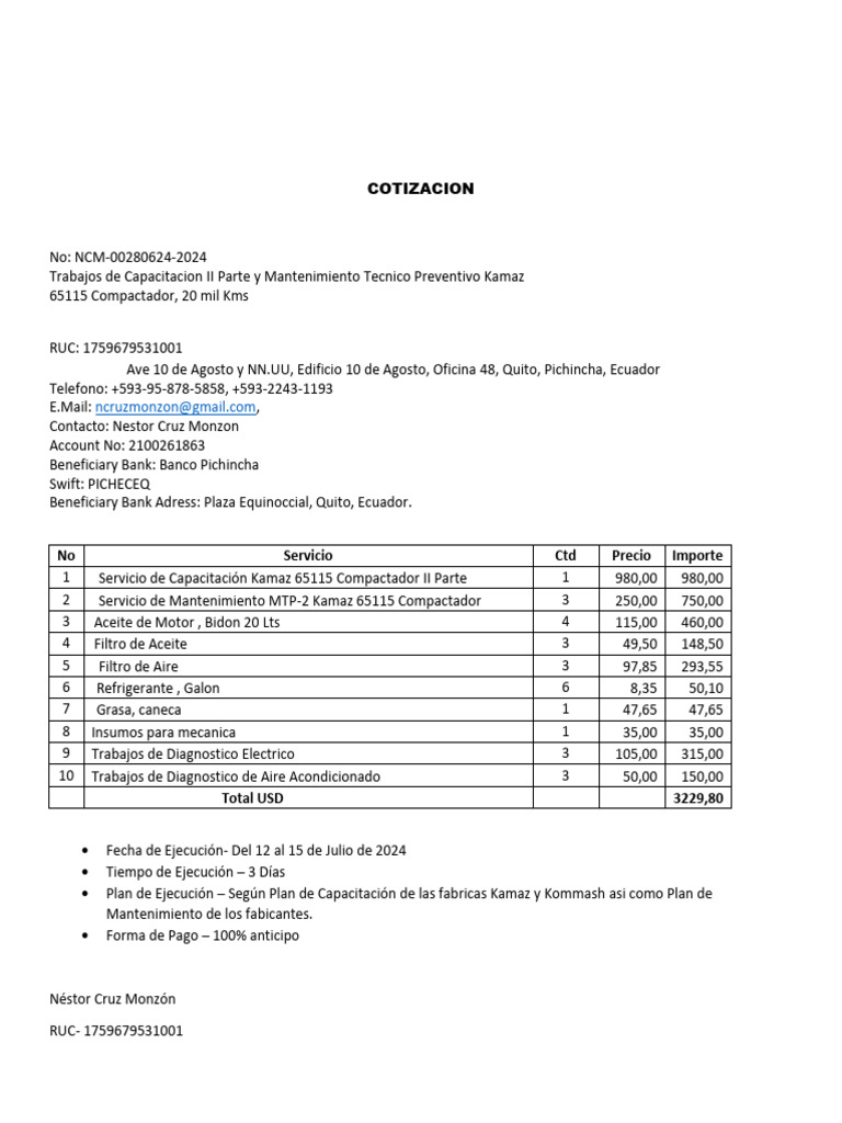 COTIZACION No.008 28-06-2024 Servicio de Capacitacion Kamaz 65115 II Parte Compactador | PDF
