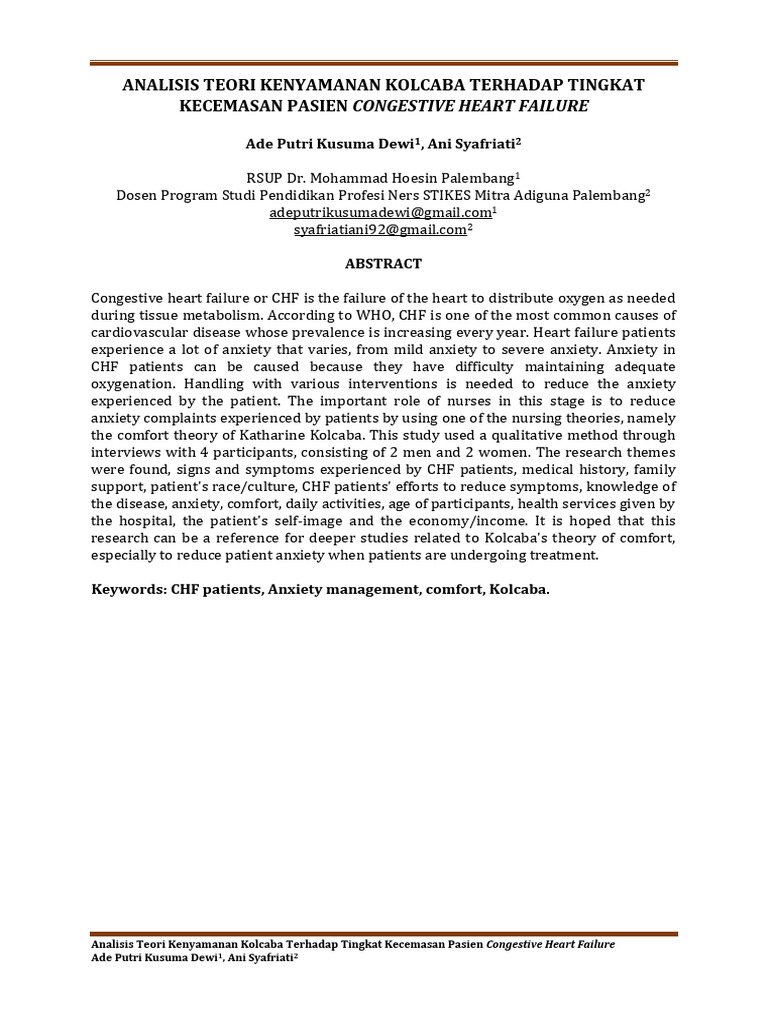 ANALISIS TEORI KENYAMANAN KOLCABA TERHADAP TINGKAT KECEMASAN PASIEN CONGESTIVE HEART FAILURE | PDF