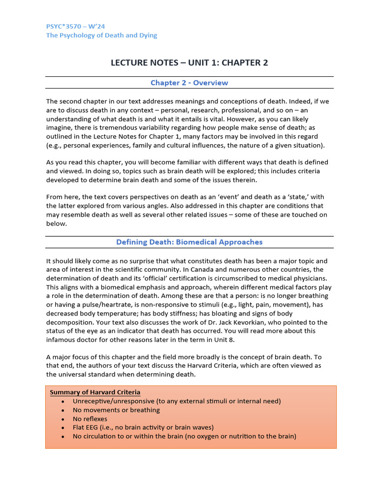 PSYC 3570 Unit 1 - Chapter 2 - Lecture Notes PDF | PDF | Death | Organ ...
