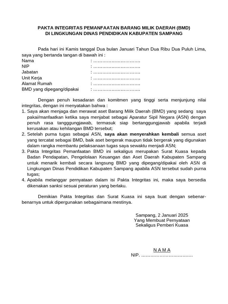 Form Pakta Integritas BMD 2025 | PDF
