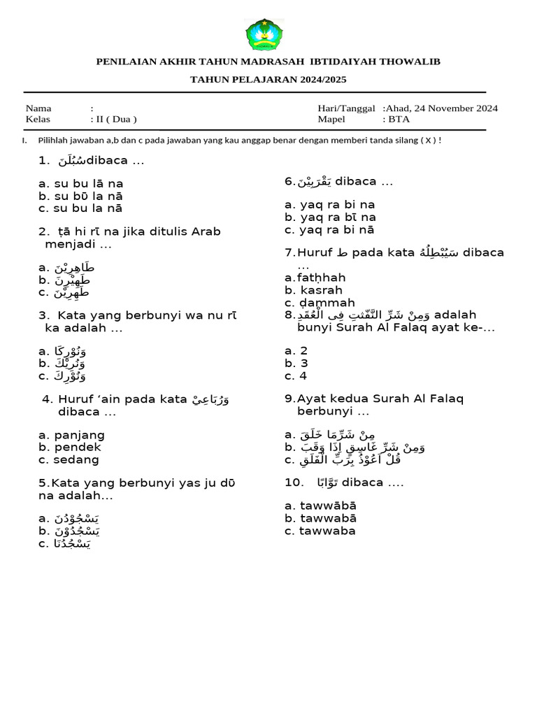 Soal Bta Kelas 2 2024 | PDF
